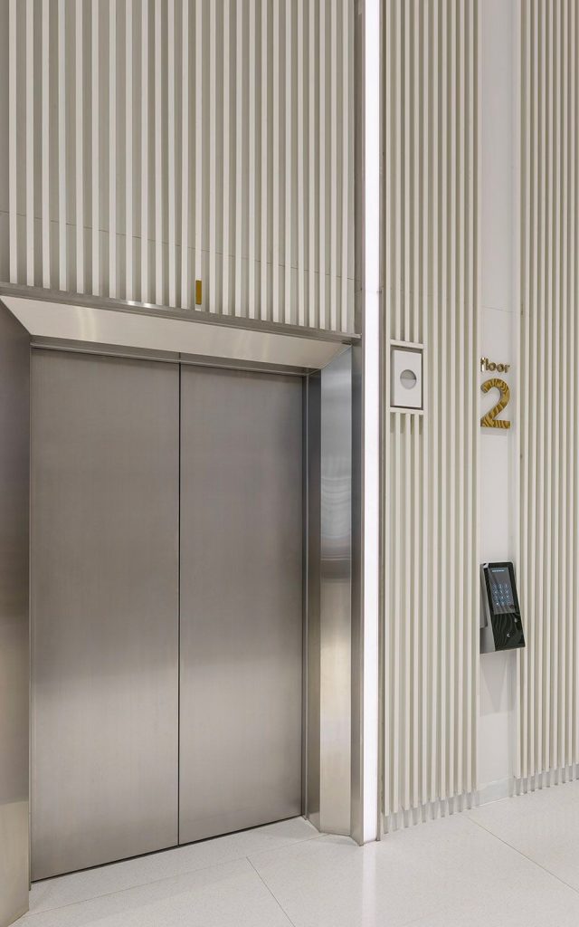 Elevator door skins in PVD coloured stainless steel in Nickel Brush ...
