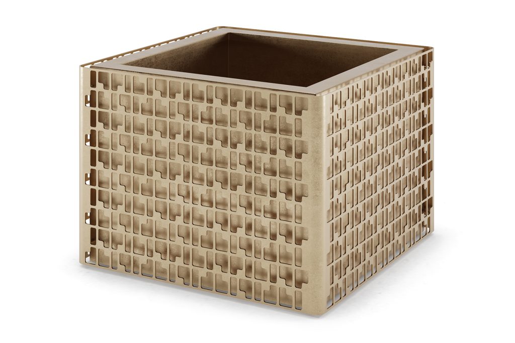 Laser-cut bespoke planters in PVD coloured stainless steel in Almond ...